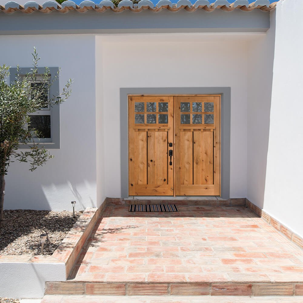 Craftsman Knotty Alder 6 Lite Clear Glass Wood Double Door | Krosswood