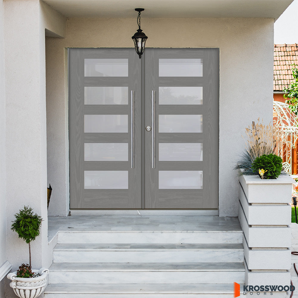 Modern Faux Pivot Wood-Like Fiberglass Front Double Door | Krosswood ...