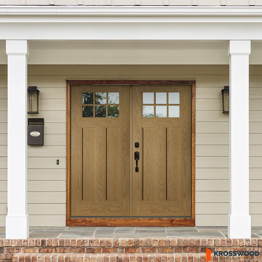 Fiberglass 6 Lite Glass Window Wood-Like Front Double Door | Krosswood