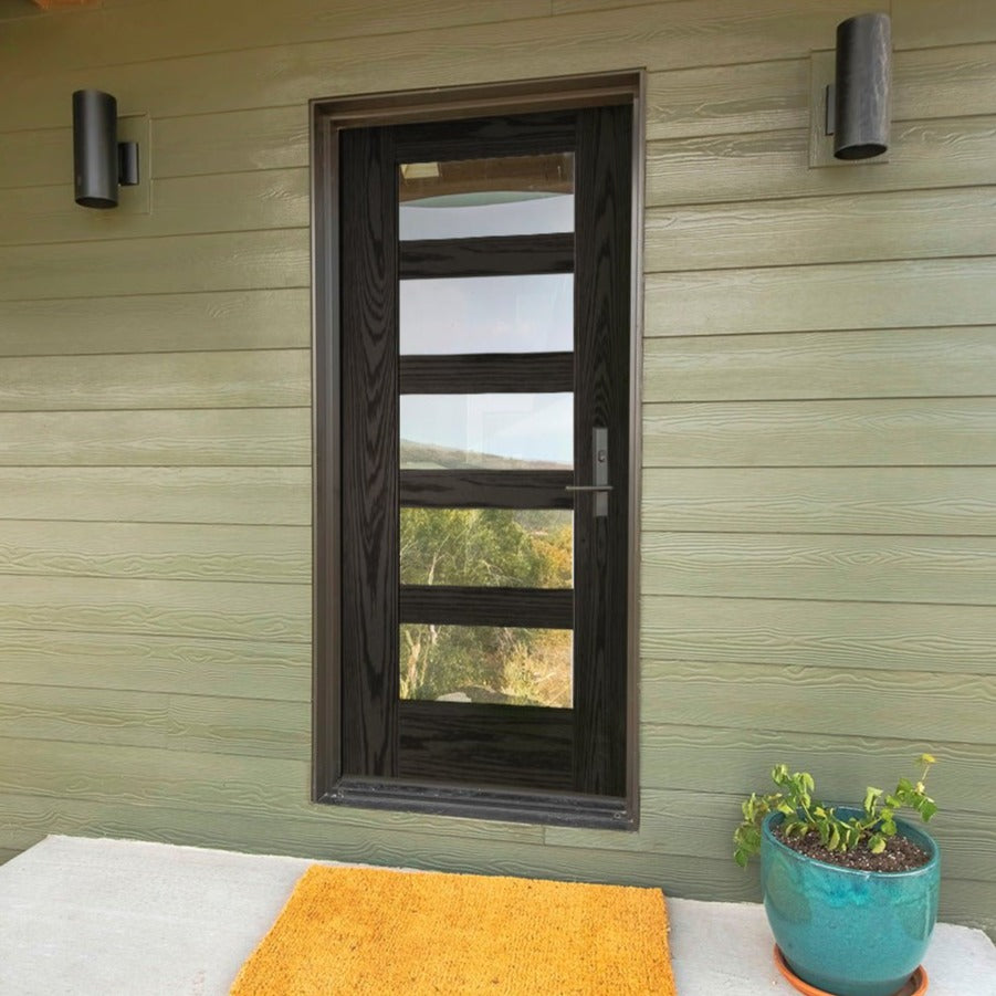 Modern Fiberglass 5 Lite Clear Glass Wood Like Front Door | Krosswood