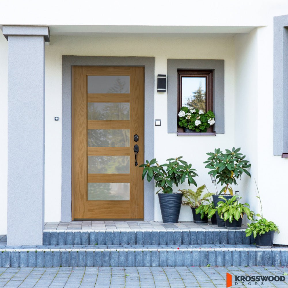 Modern Fiberglass 5 Lite Satin Glass Wood Like Front Door | Krosswood