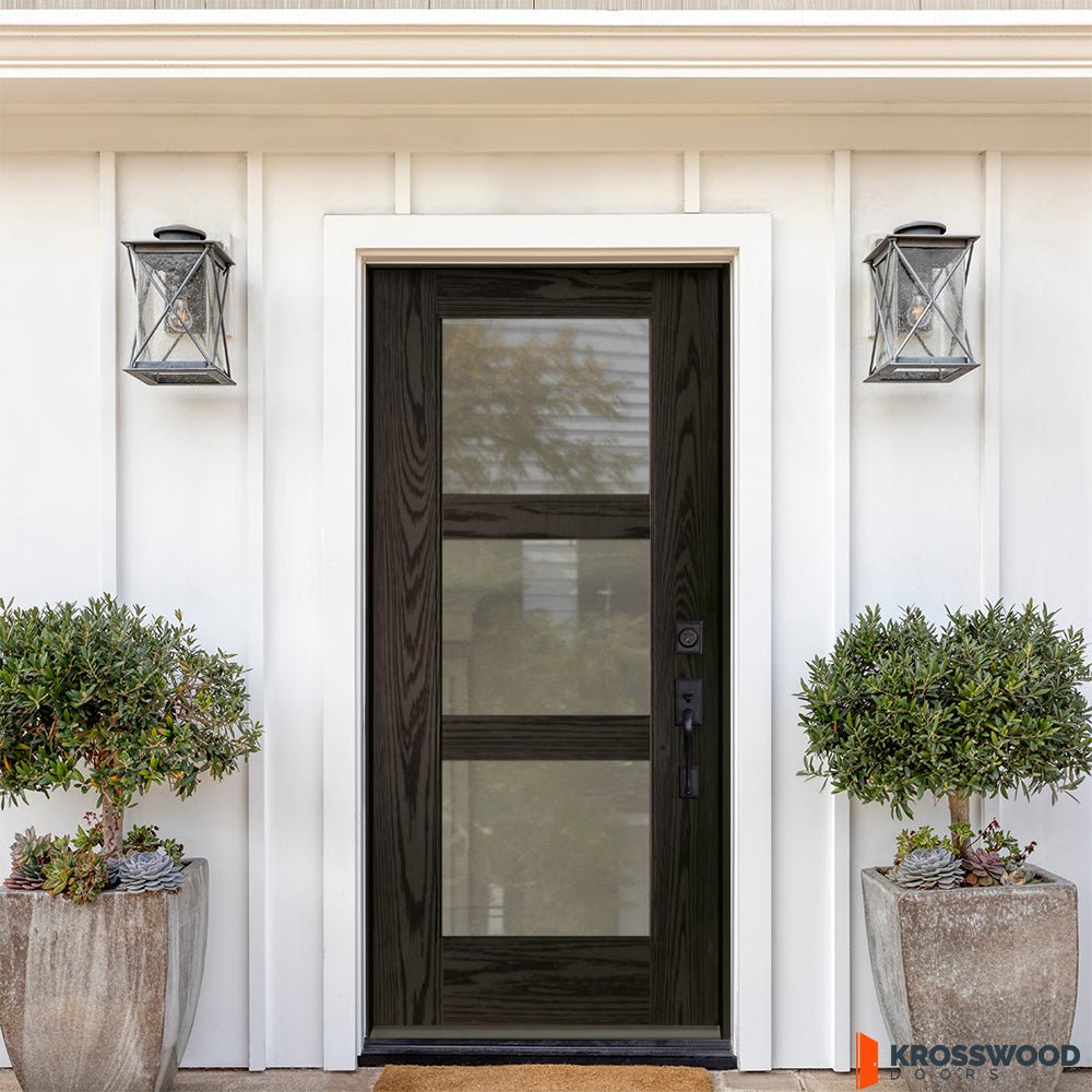 Modern Fiberglass Wood Like Satin Glass Front Door | Krosswood Doors