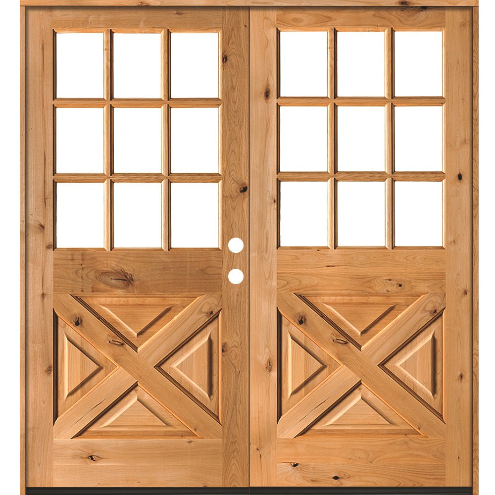 Farmhouse Knotty Alder 9 Glass X-Panel Wood Double Door | Krosswood ...