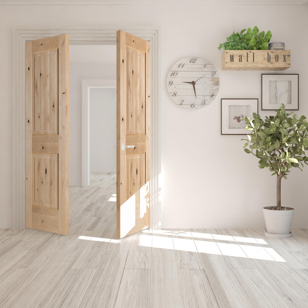 Knotty Alder Wood 2 Panel Square Top V-Groove Double Doors | Krosswood ...