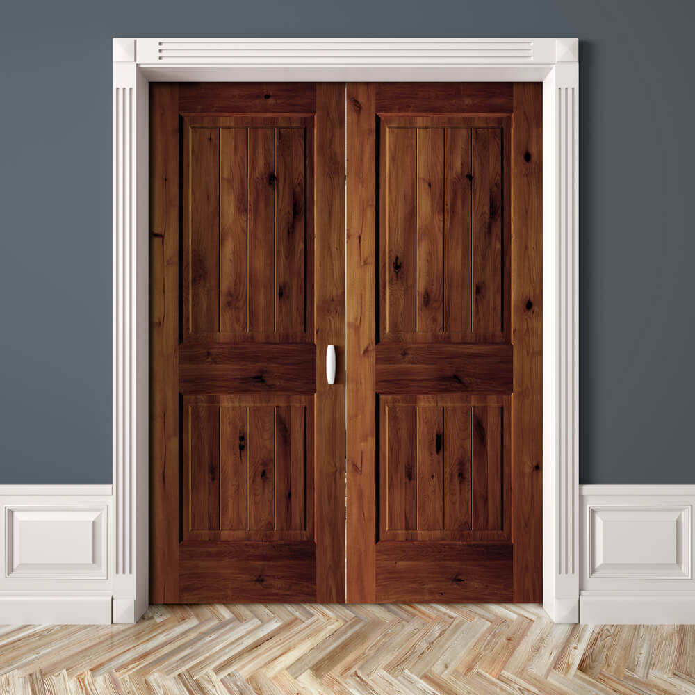 Knotty Alder Wood 2 Panel Square Top V-Groove Double Doors | Krosswood ...