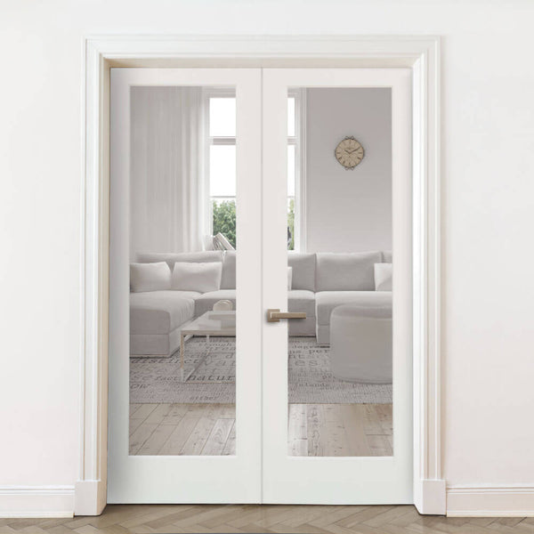 Primed MDF Full Lite Tempered Clear Glass Double French Doors | Krosswood