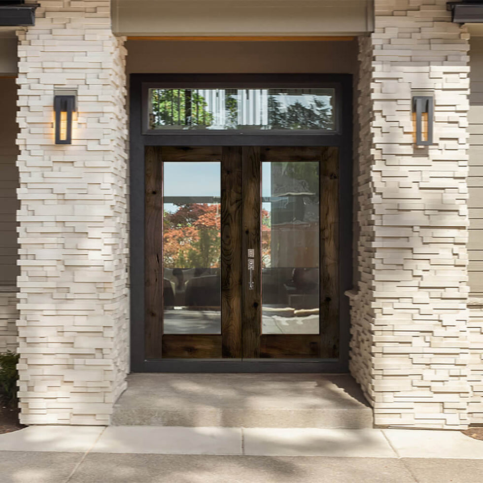 Modern Full Clear Glass Window Wood Front Double Door | Krosswood ...